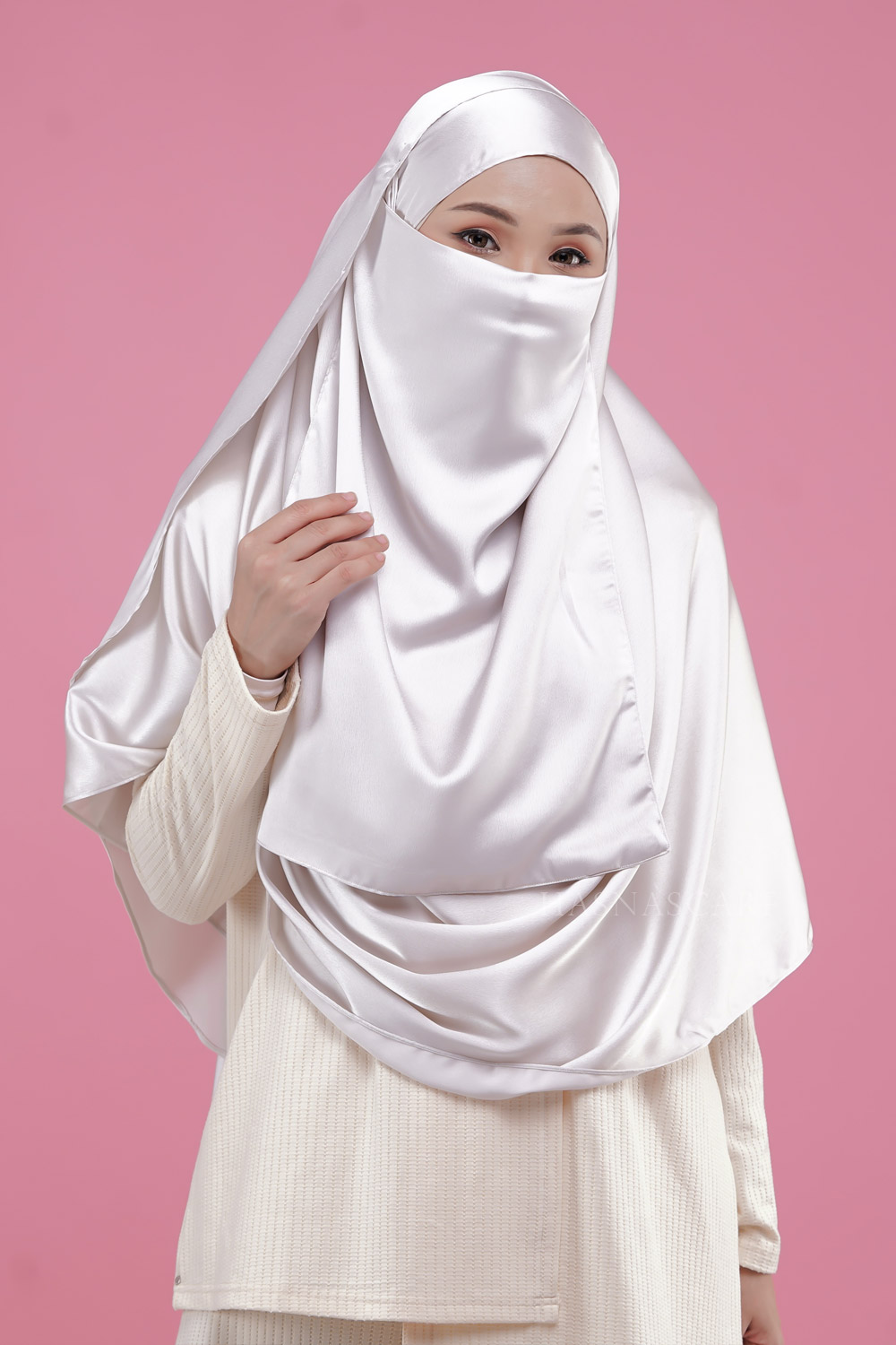 Hasna Shawl Satin Silk Plain - Snow white